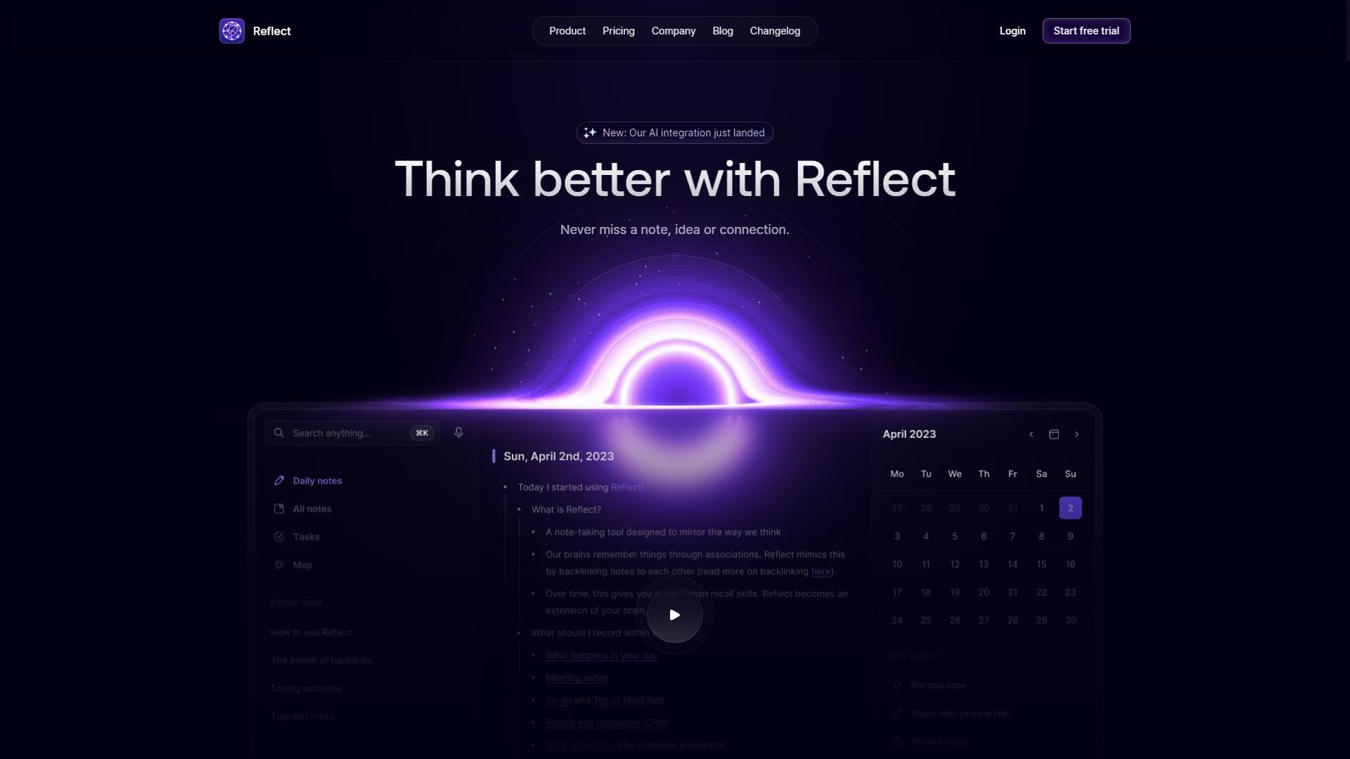 Reflect Notes - 支持 AI 的双向链接笔记工具，助力知识整理与高效思考