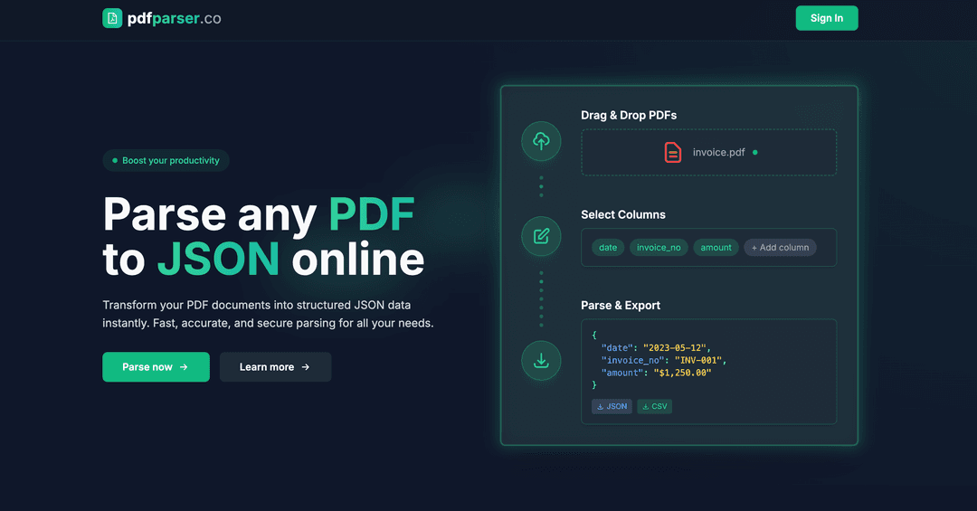 PDF Parser：最强 AI PDF 数据提取工具，一键转 JSON/CSV，告别手动录入