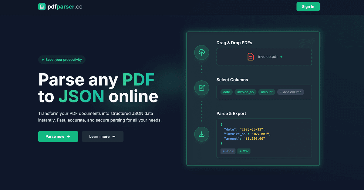 PDF Parser：最强 AI PDF 数据提取工具，一键转 JSON/CSV，告别手动录入