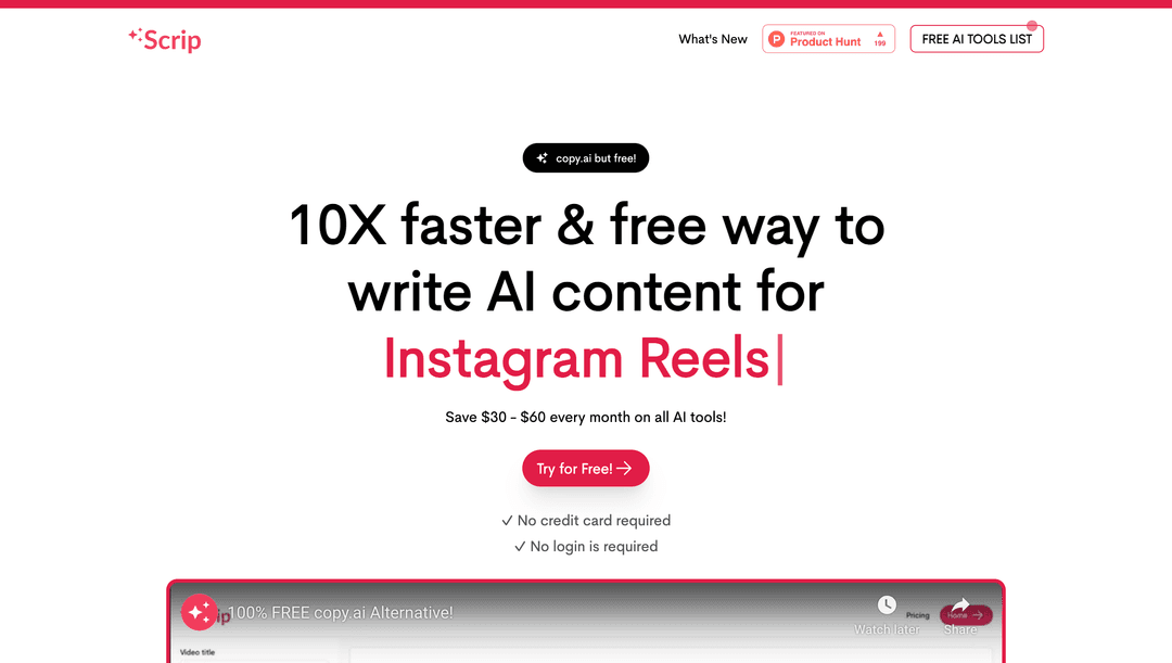 ScripAI：免费AI写作工具 | 无需登录 | 社交媒体脚本 | 内容生成
