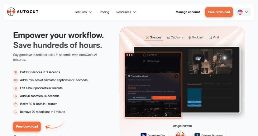 AutoCut | AI 视频剪辑插件，Premiere/DaVinci Pro 自动静音、字幕、缩放