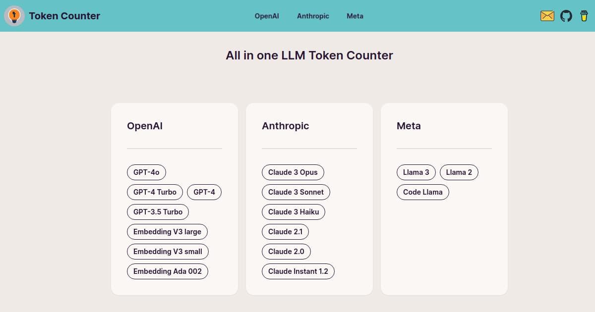 Token Counter: GPT-4, Claude-3, Llama-3等主流LLM的浏览器Token计数器