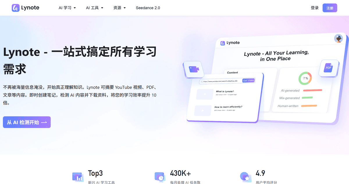 Lynote: AI 学习助手 | YouTube 视频摘要与 AI 检测工具