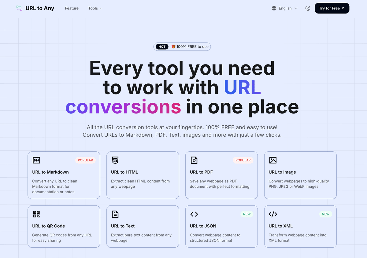 URL to Any: 免费网页转 Markdown/PDF/JSON/图片工具集