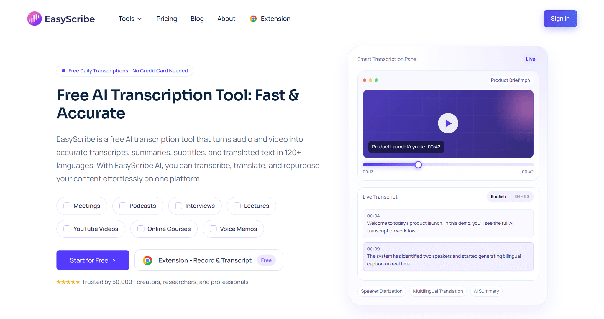 EasyScribe AI 官网 - 免费音视频转文字与智能摘要平台